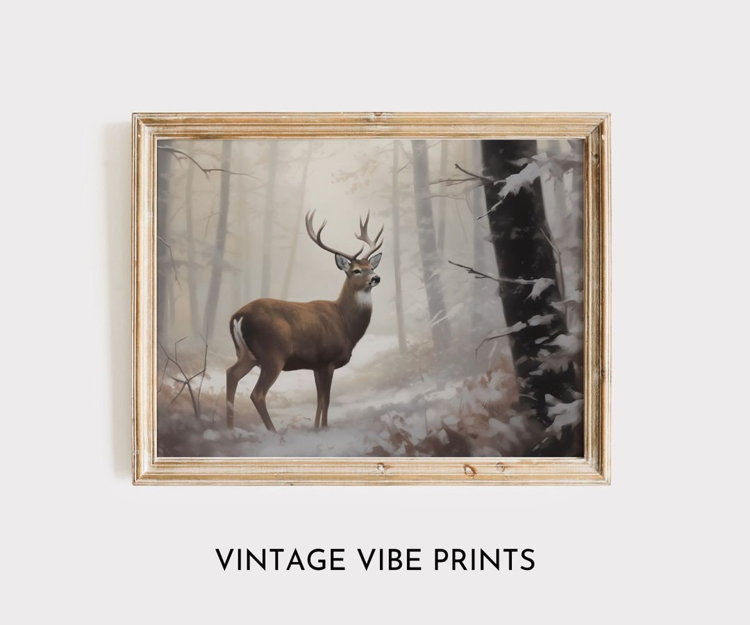 Winter Vintage Stag | Deer Art | Winter Landscape Art | Vintage Winter ...