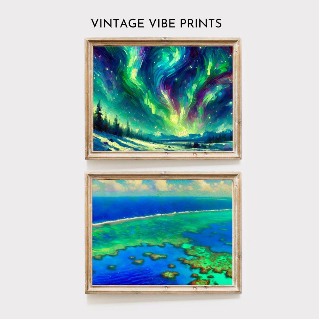 Vintage Northern Lights & Barrier Reef Art Print Set (digital Download ...