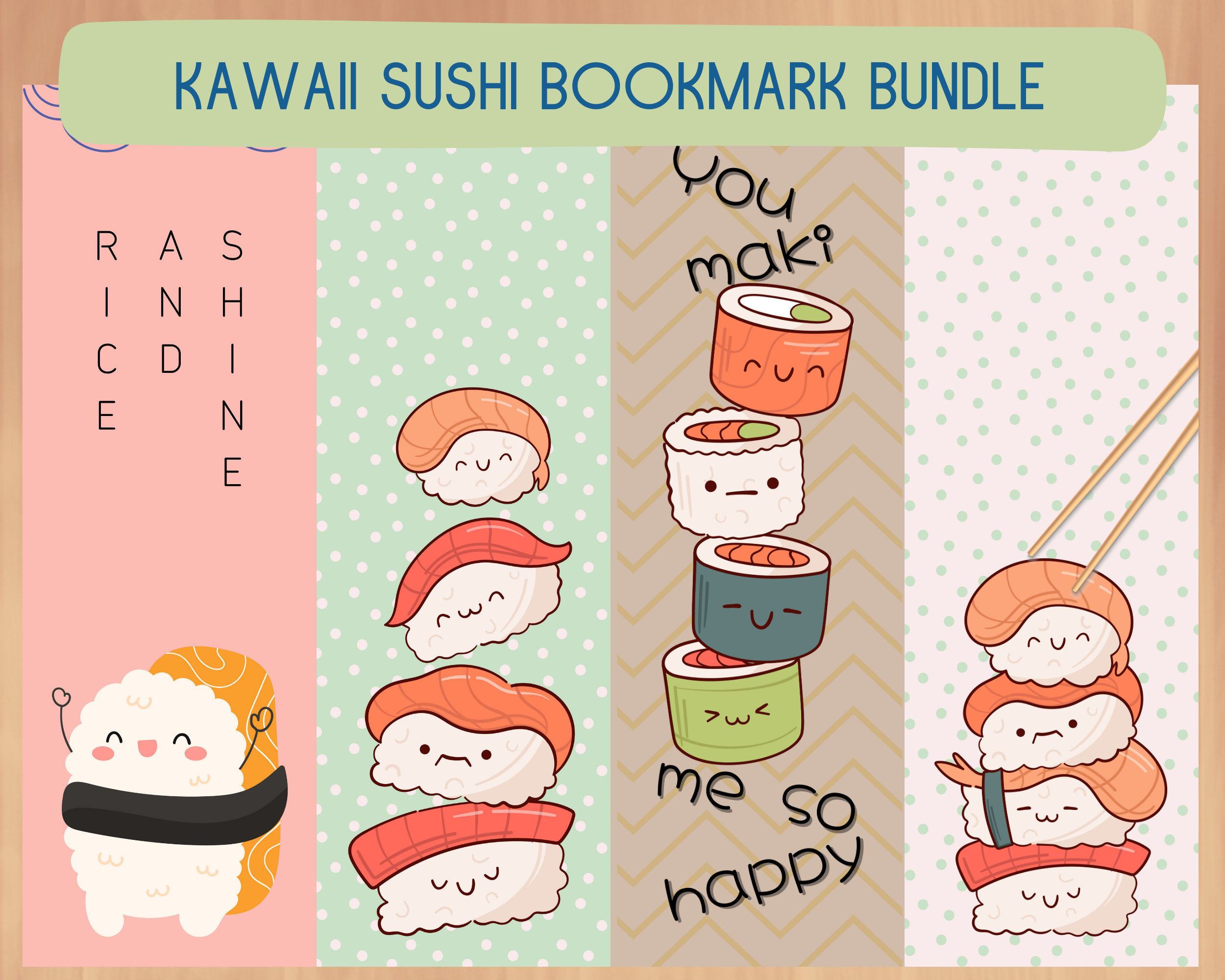 Cute Printable Bookmark, Kawaii Printable Art, Instant Download, Japanese Foodie, Rice and Shine ...