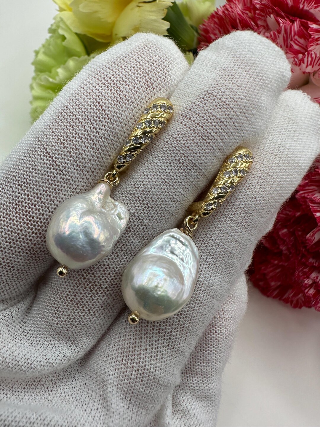 White Baroque Pearl Kasumi Like Dangle Earrings, Natural Iridescence ...