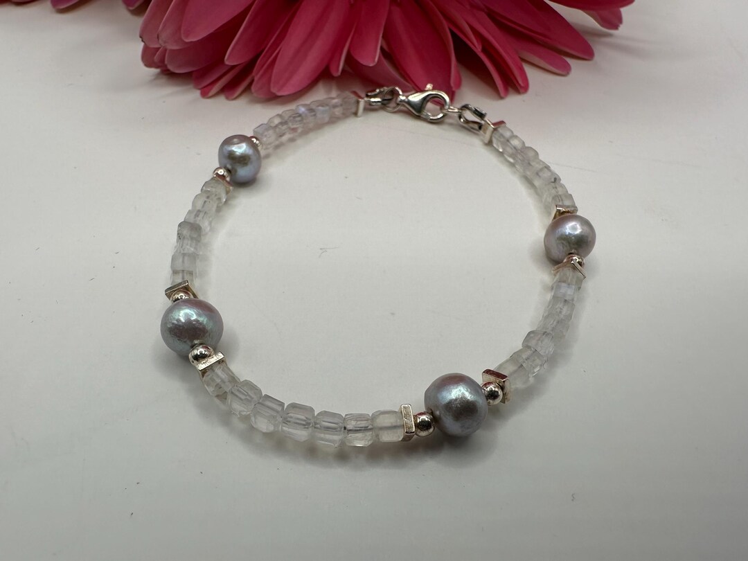 Moonstone and Grey Pearl Bracelet, 925 Solid Sterling Silver, June ...
