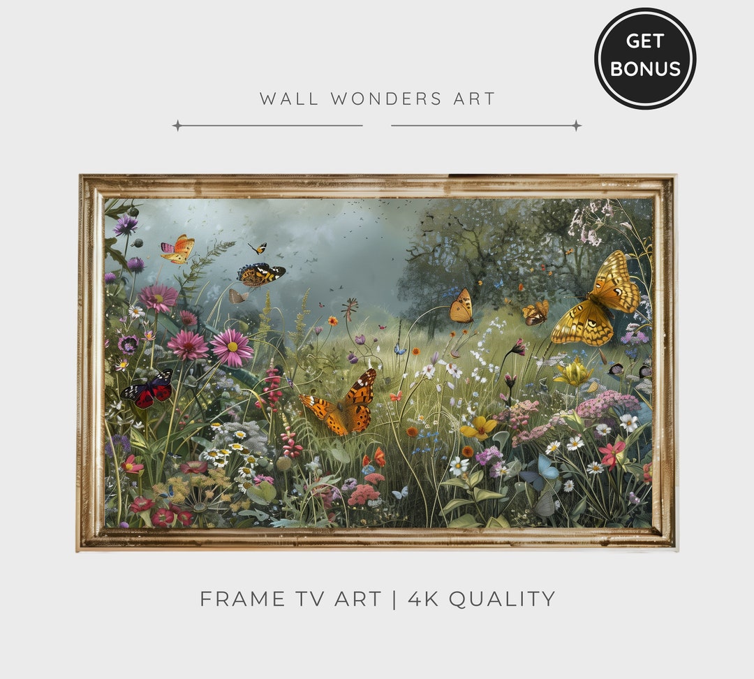 Wildflowers Butterfly Garden Frame Tv Art, Spring Botanical Painting ...