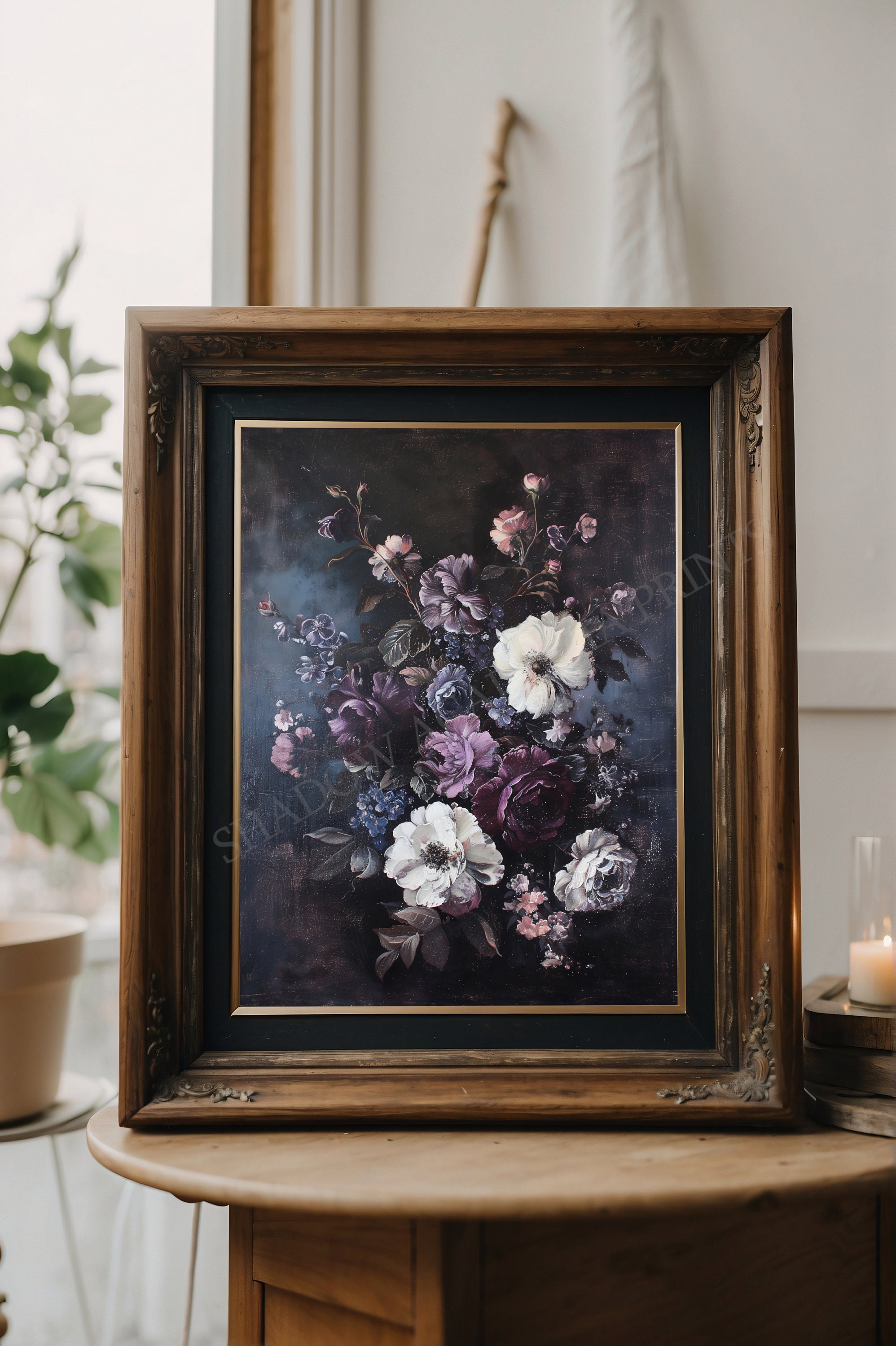 Antique Oil Painting of Purple Moody Flowers | Dark Academia Print ...