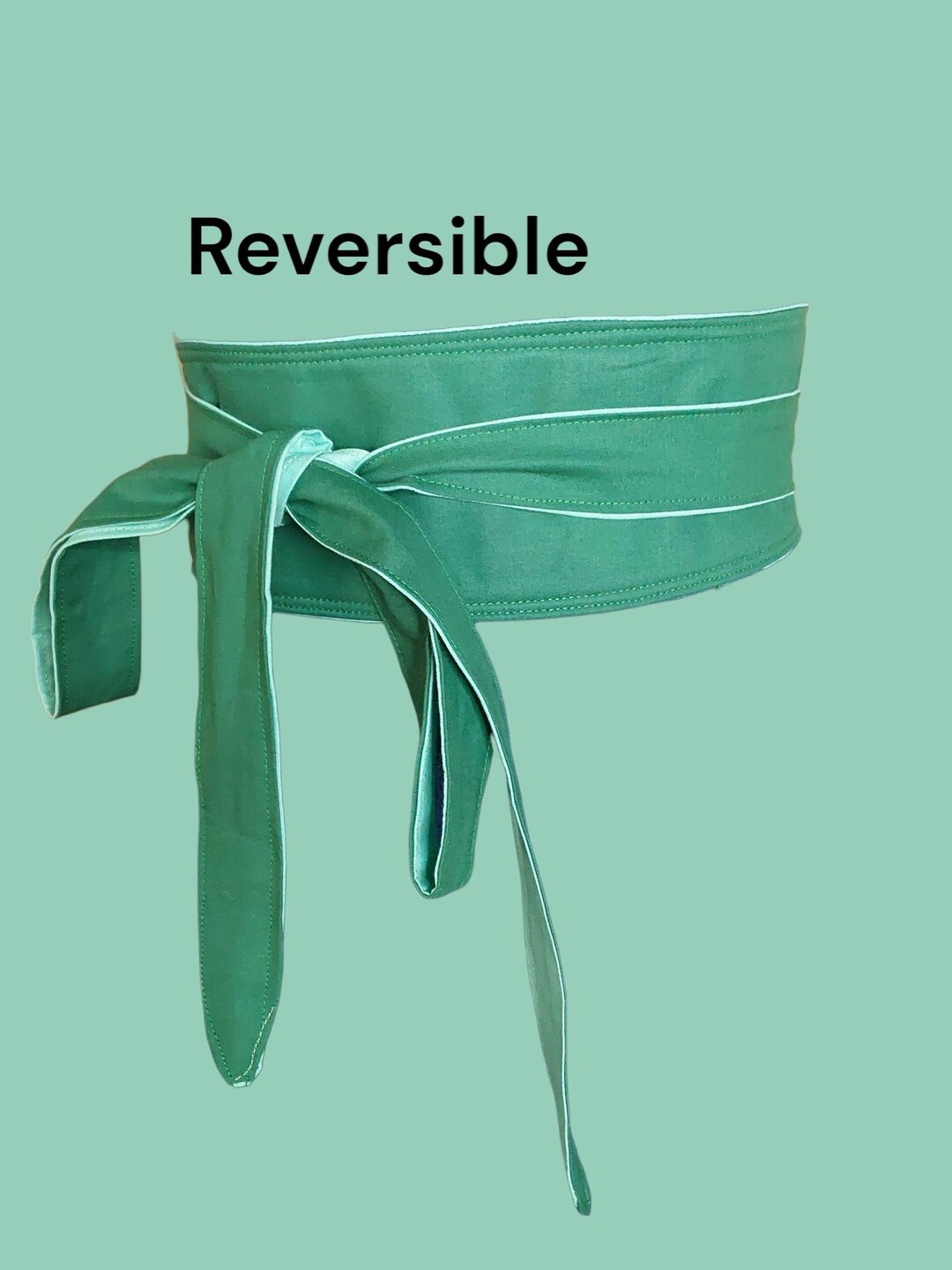 Reversible Obi Belt: Handmade Forest Green & Light-cyan Cotton Wrap - Etsy