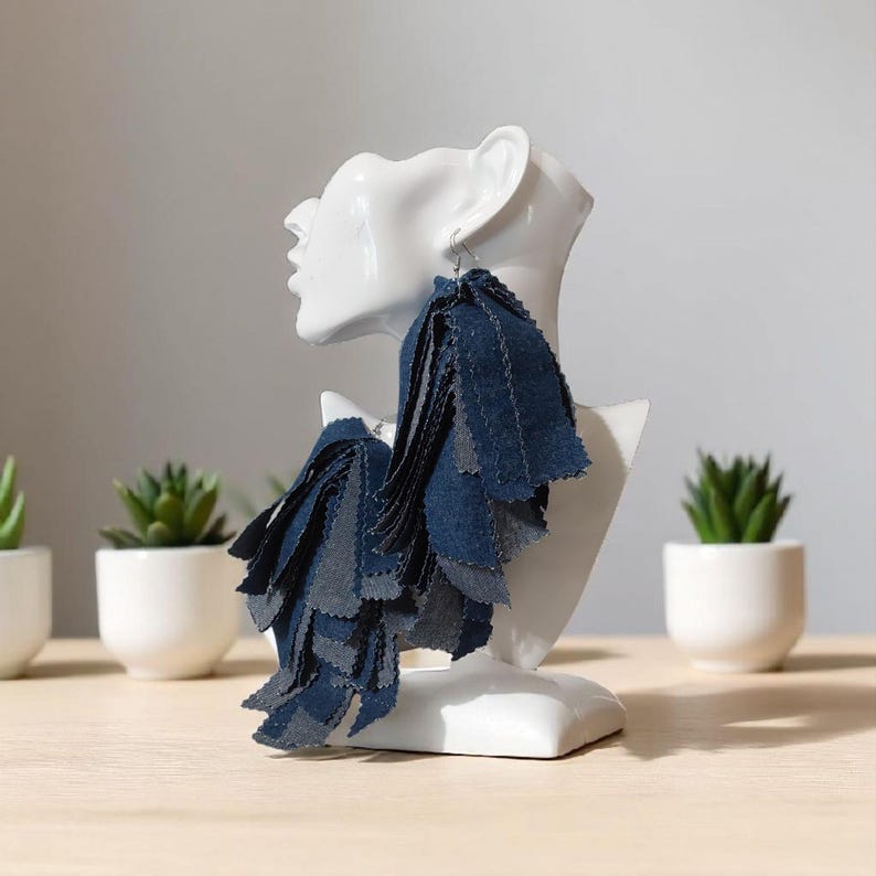 Handmade Denim Fringe Statement Earrings | Boho Lightweight Fabric ...