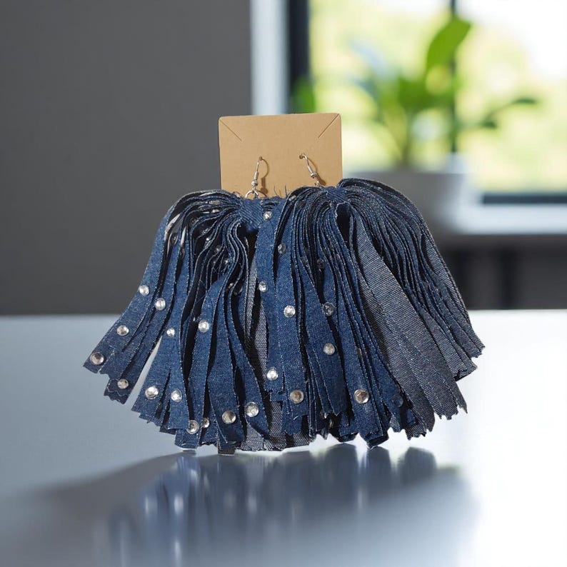 Denim Tassel Earrings: Handmade Fringe Statement Earrings With Silver ...