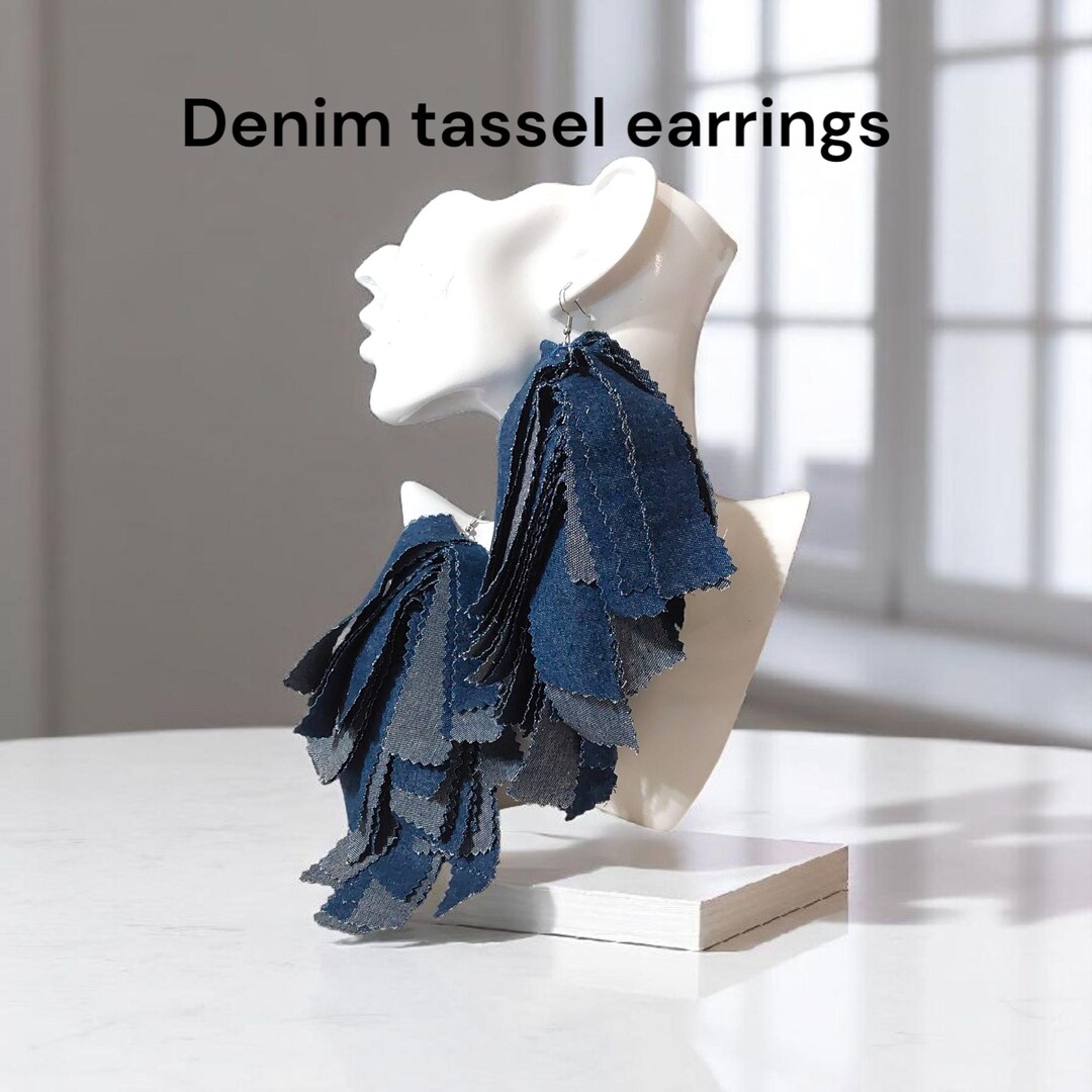 Handmade Denim Fringe Statement Earrings | Boho Lightweight Fabric ...