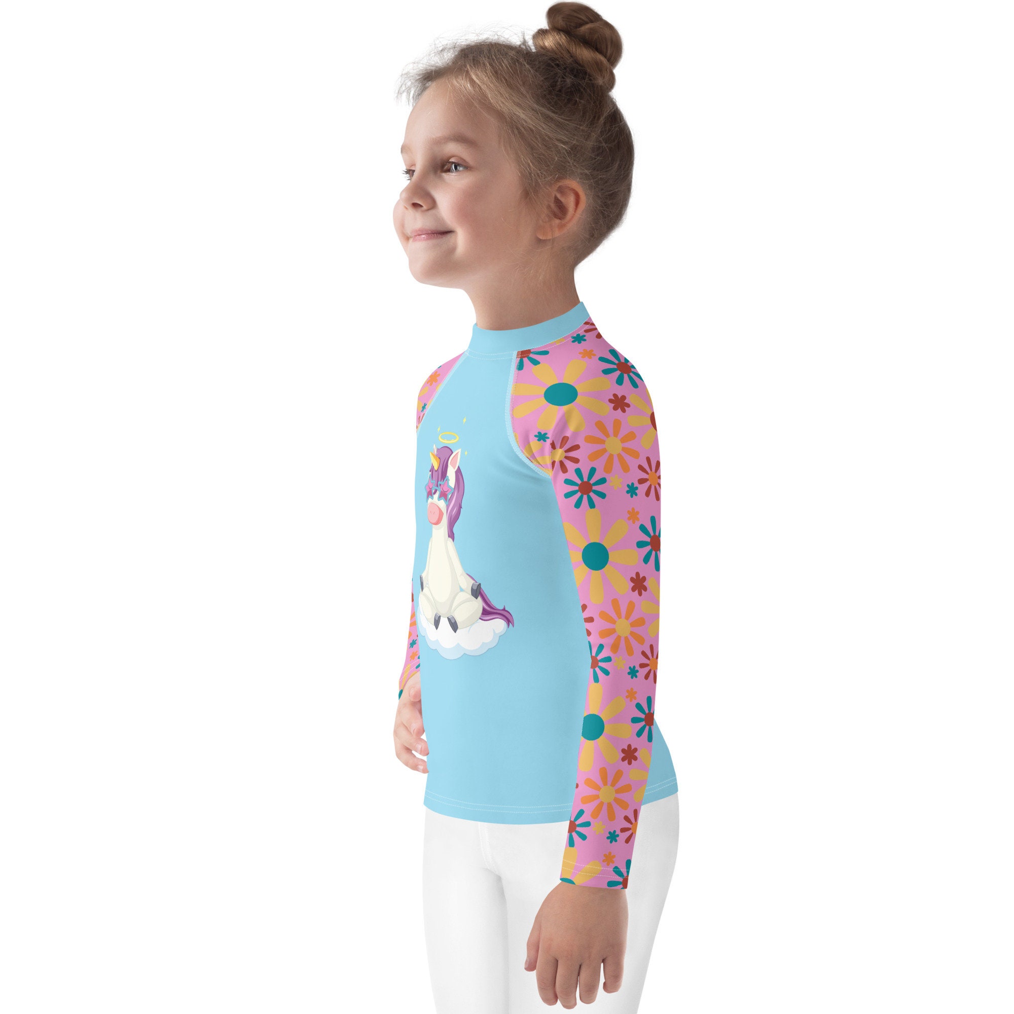 Kids Rash Guard for Girls Light Blue and Pink With Floral Pattern and ...