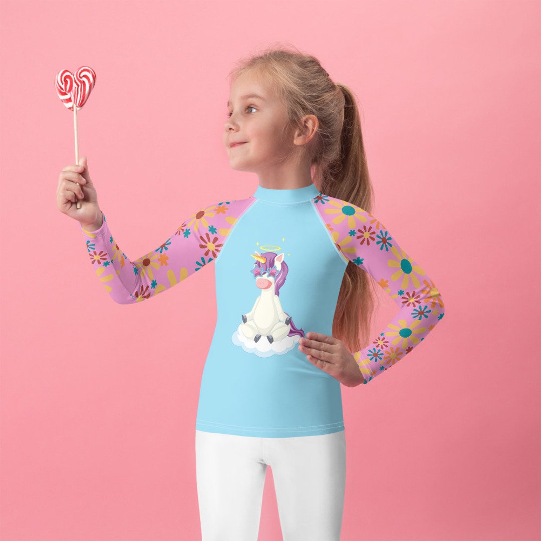 Kids Rash Guard for Girls Light Blue and Pink With Floral Pattern and ...