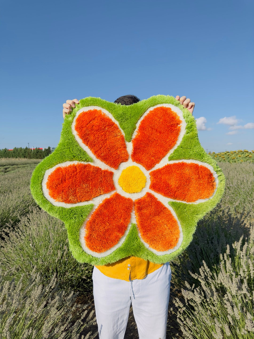Tufted Flower Rug Orange Tufted Rug green Flower Rug Housewarming Gift ...