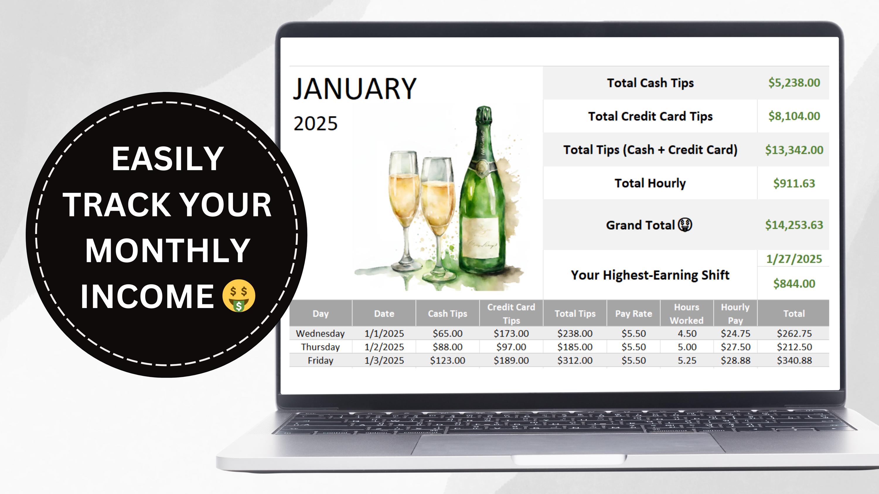 Bartender Tip Tracker, Tip Spreadsheet, Tip Tracker, Tip Log, Income ...