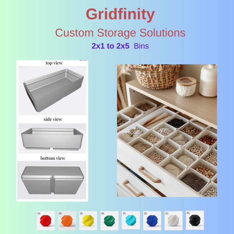 Custom 3D Printed Gridfinity Bins 2x1 to 2x5 | Modular Drawer Organizer ...