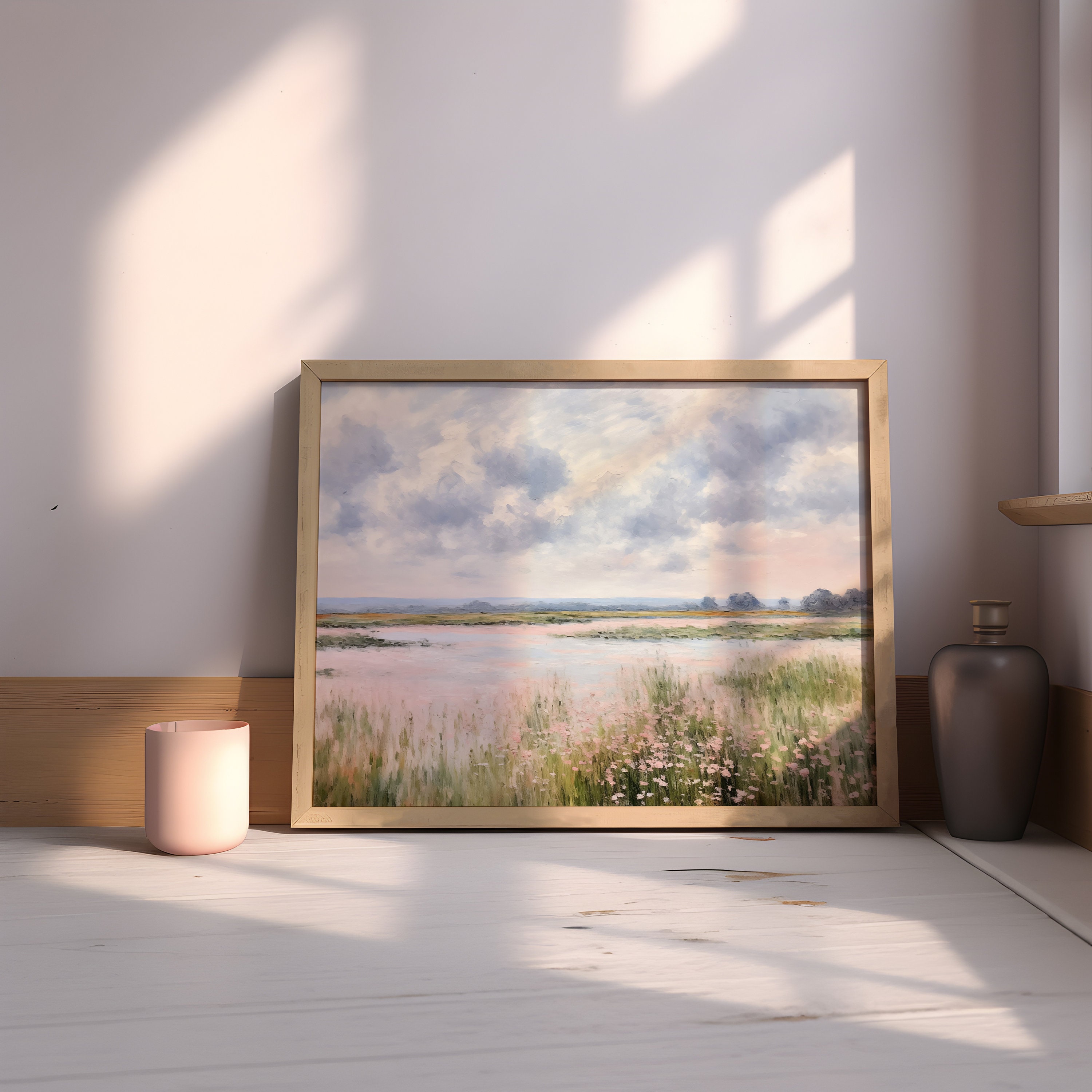 Neutral Countryside Marsh Painting, Spring Landscape Wall Art, Summer ...