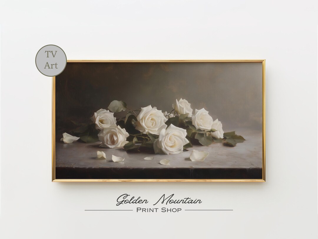 White Valentines Roses Frame TV Art Moody Digital Download Dark ...