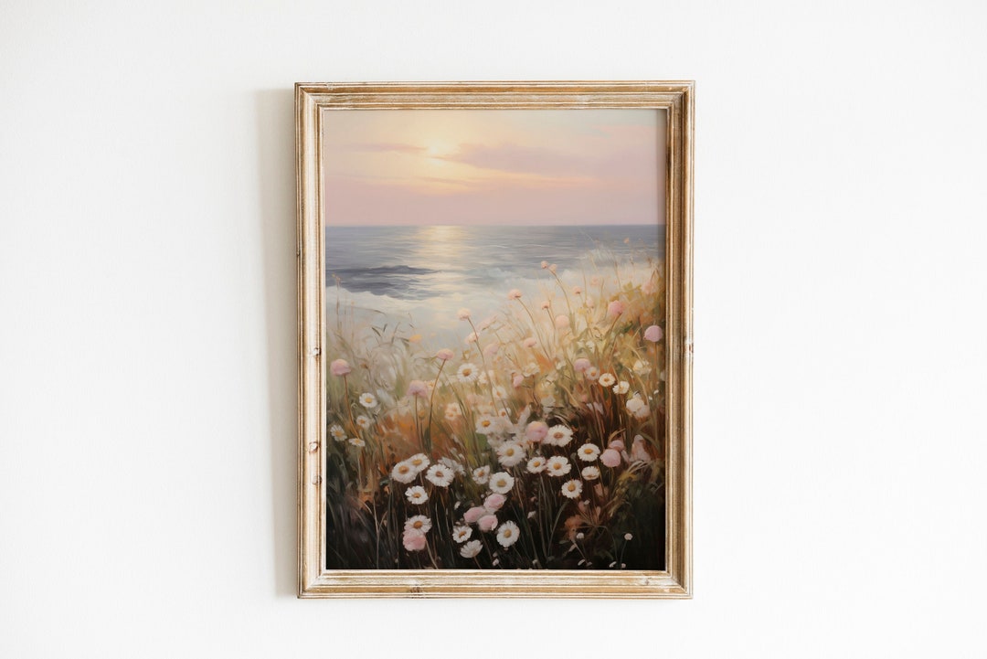 Vintage Coastal Printable Wildflower Sunset Art, Pink Summer Sunset ...