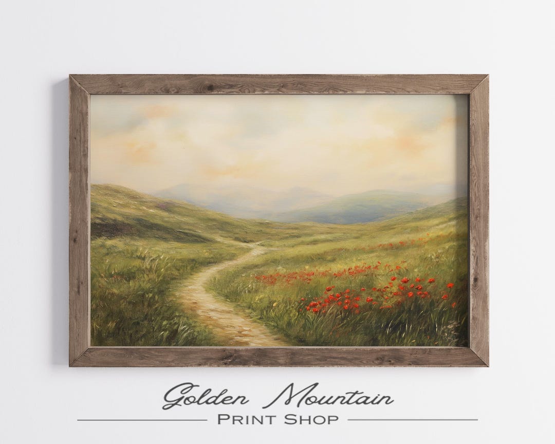Printable Red Spring Landscape, Vintage Wildflower Field Painting ...