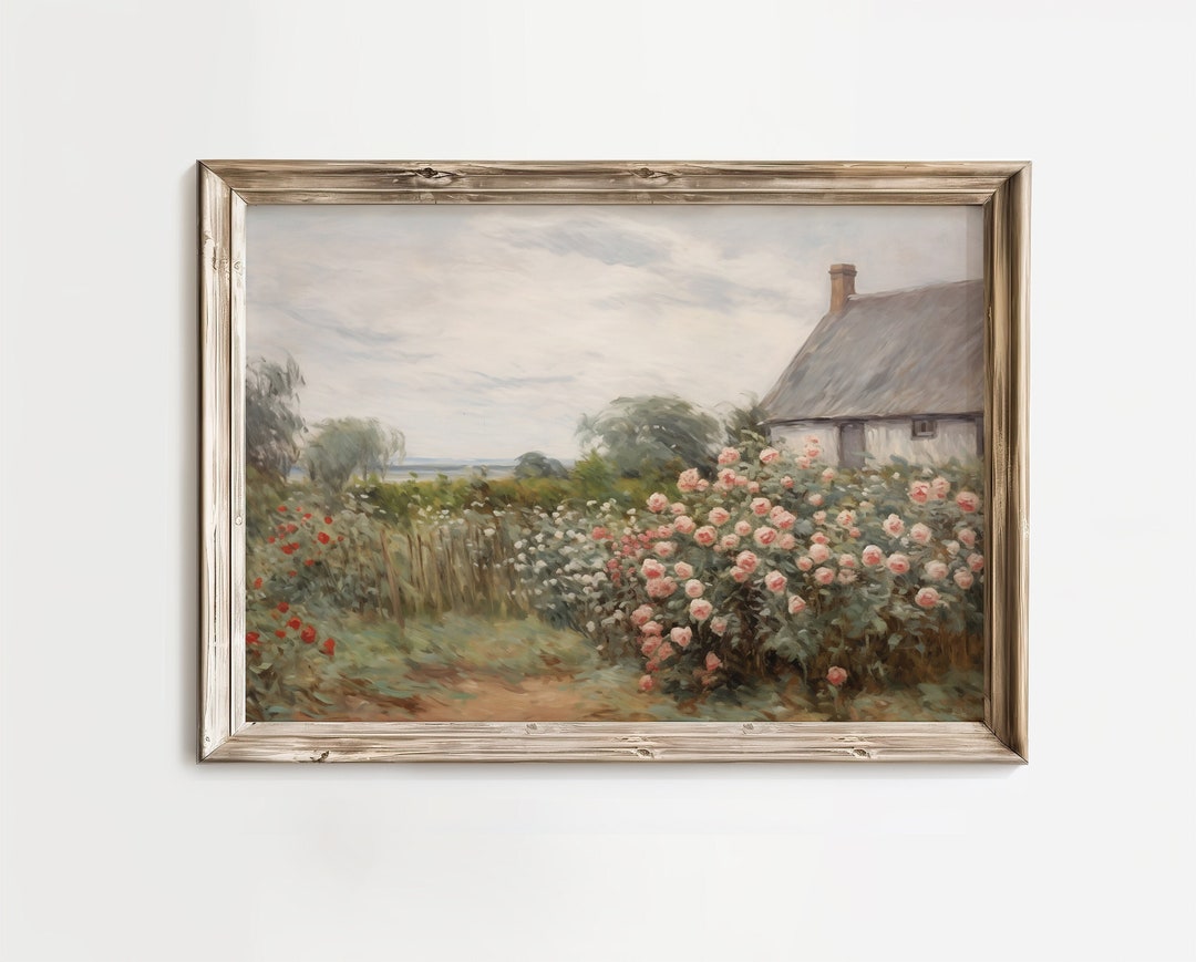 Antique Cottage Oil Painting, Rose Garden Digital Art, Rustic Summer ...
