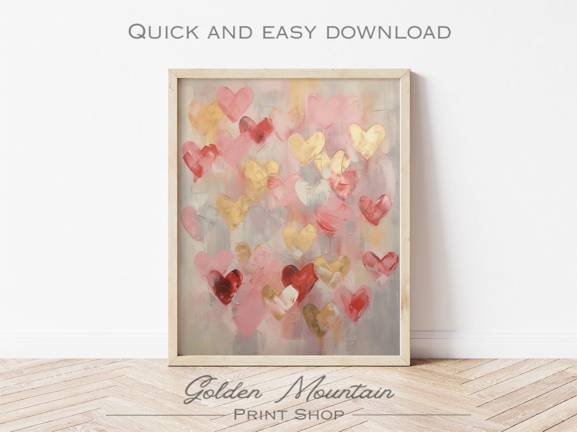 Valentines Day Red Pink and Gold Heart Print, Valentines Digital Print ...