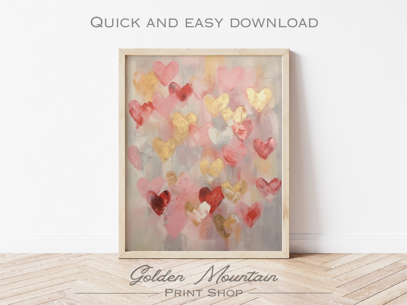 Valentines Day Red Pink and Gold Heart Print, Valentines Digital Print ...