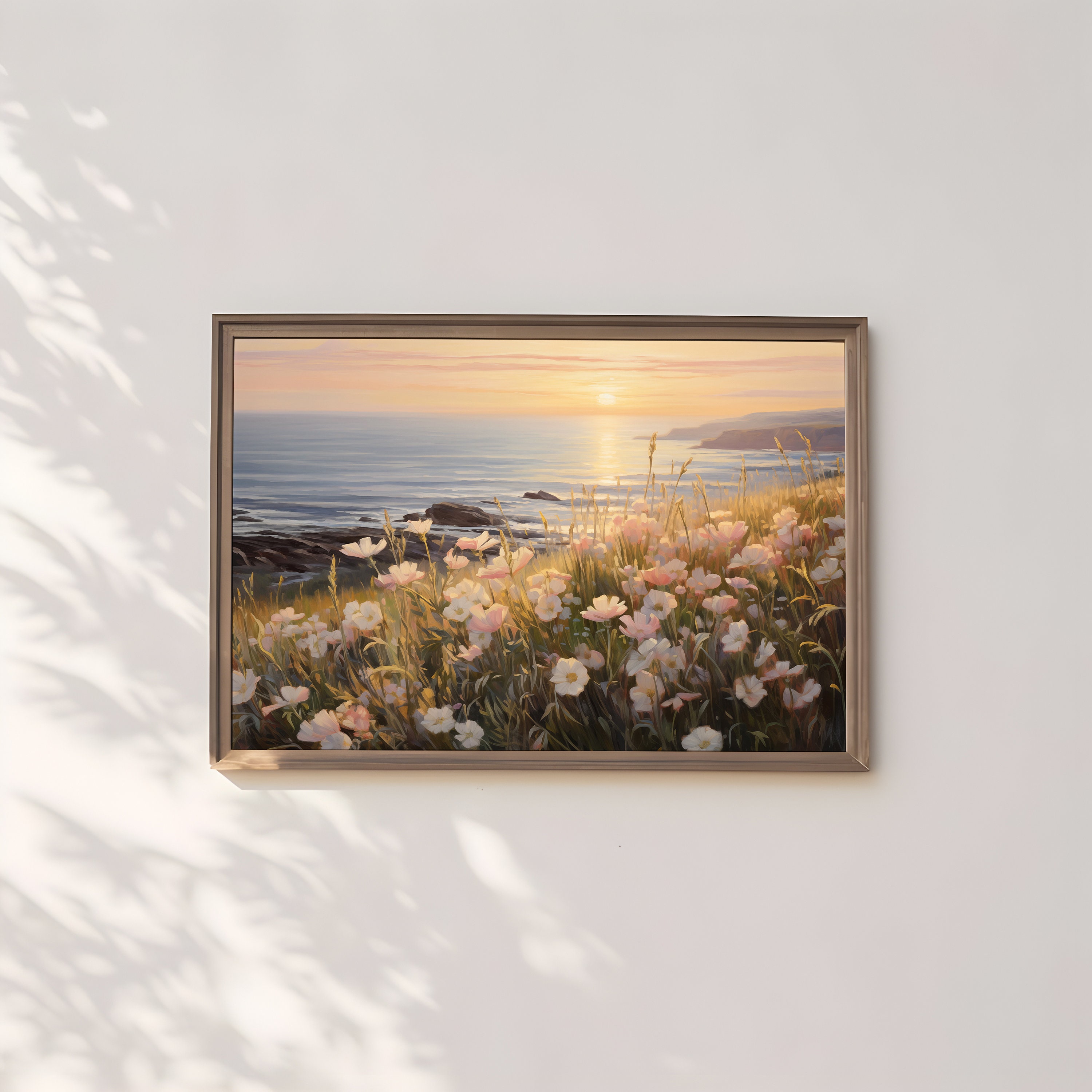 Cottagecore Sea Sunset Flower Print, Farmhouse Summer Sunrise Wall Art ...