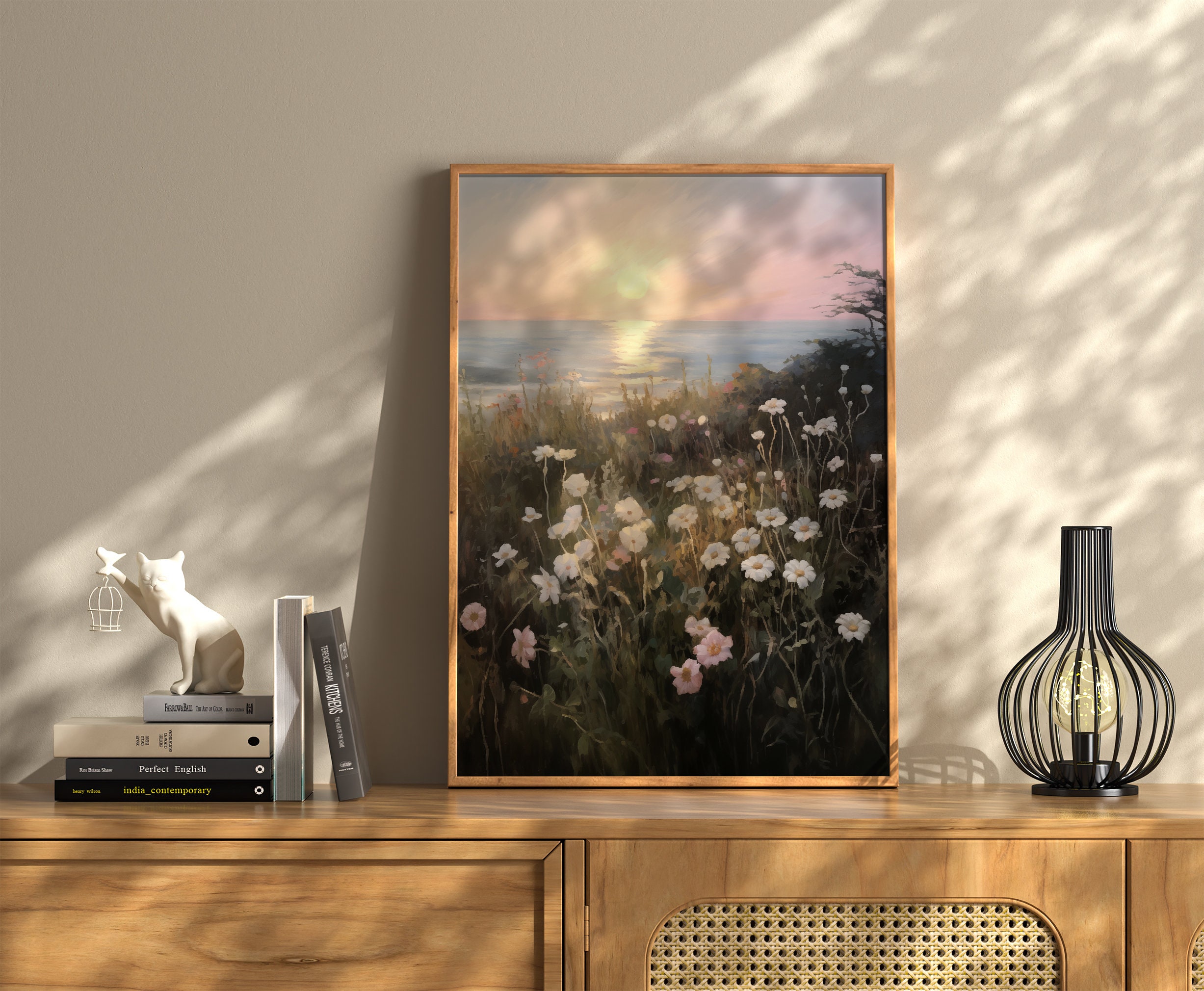 Summer Sunrise Art Print Wildflower Painting Beach Print, Vintage Pink ...