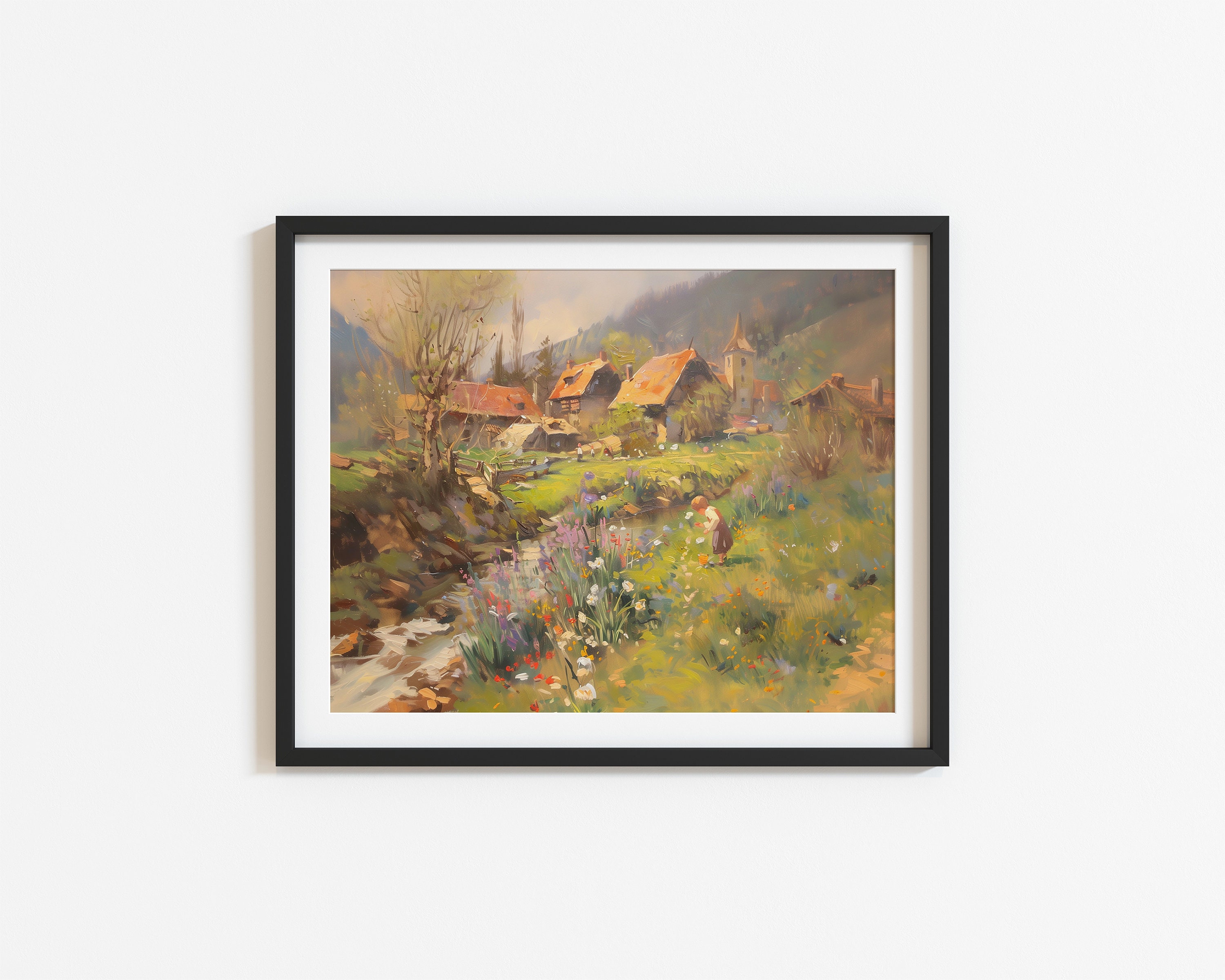 Cottagecore Spring Village Art Print, Farmhouse Flower Field Digital ...