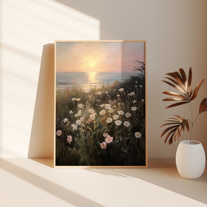 Summer Sunrise Art Print Wildflower Painting Beach Print, Vintage Pink ...