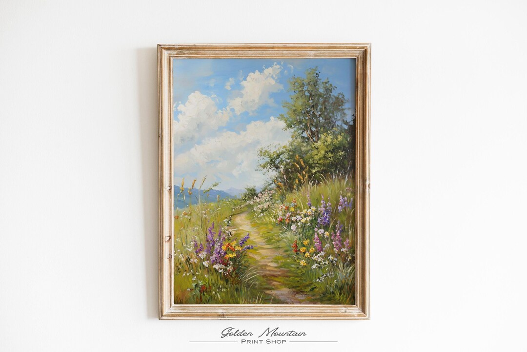 Colorful Spring Printable Flower Landscape Painting, Vintage Spring ...