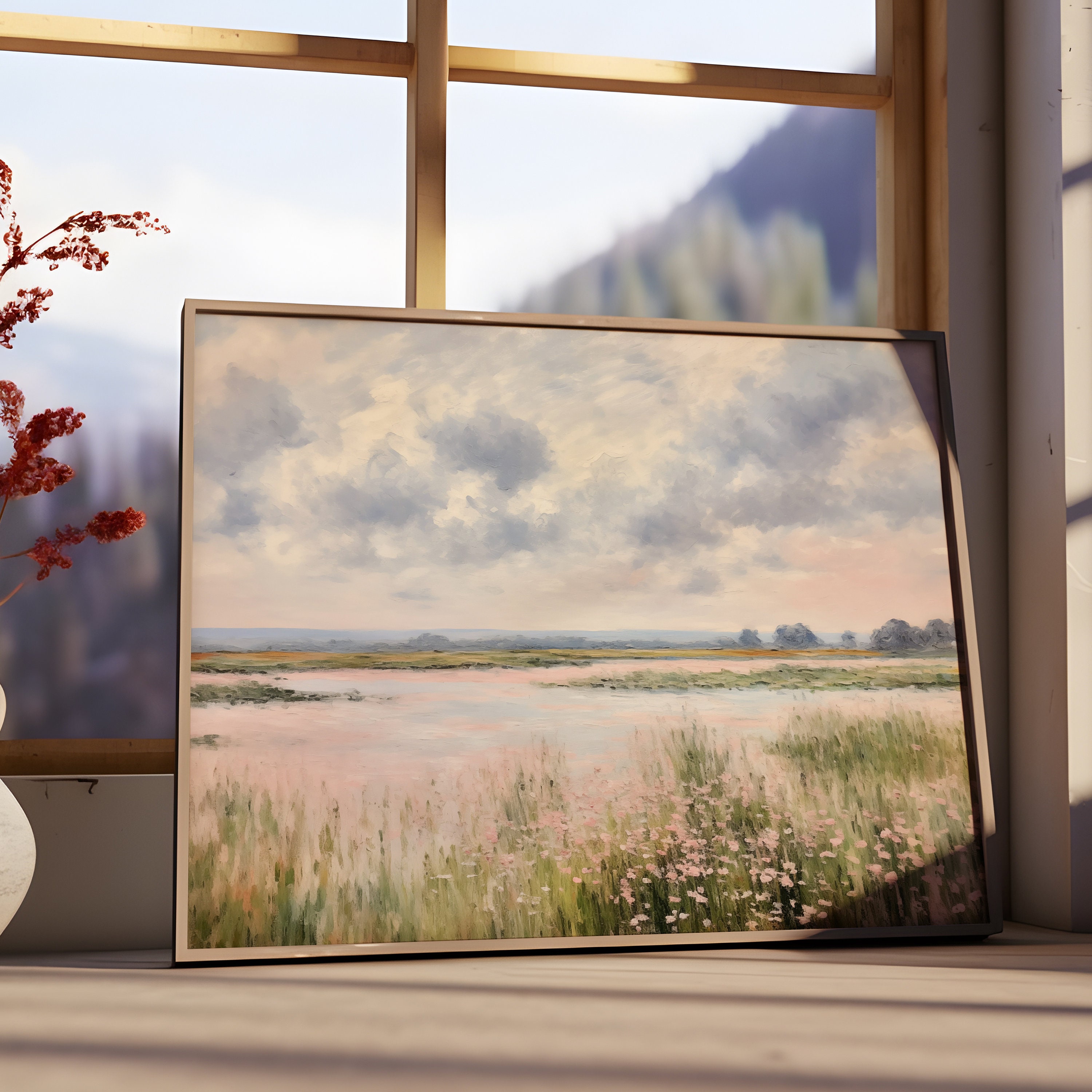 Neutral Countryside Marsh Painting, Spring Landscape Wall Art, Summer ...