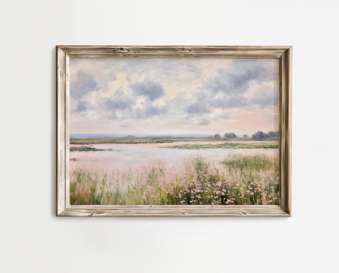 Neutral Countryside Marsh Painting, Spring Landscape Wall Art, Summer ...