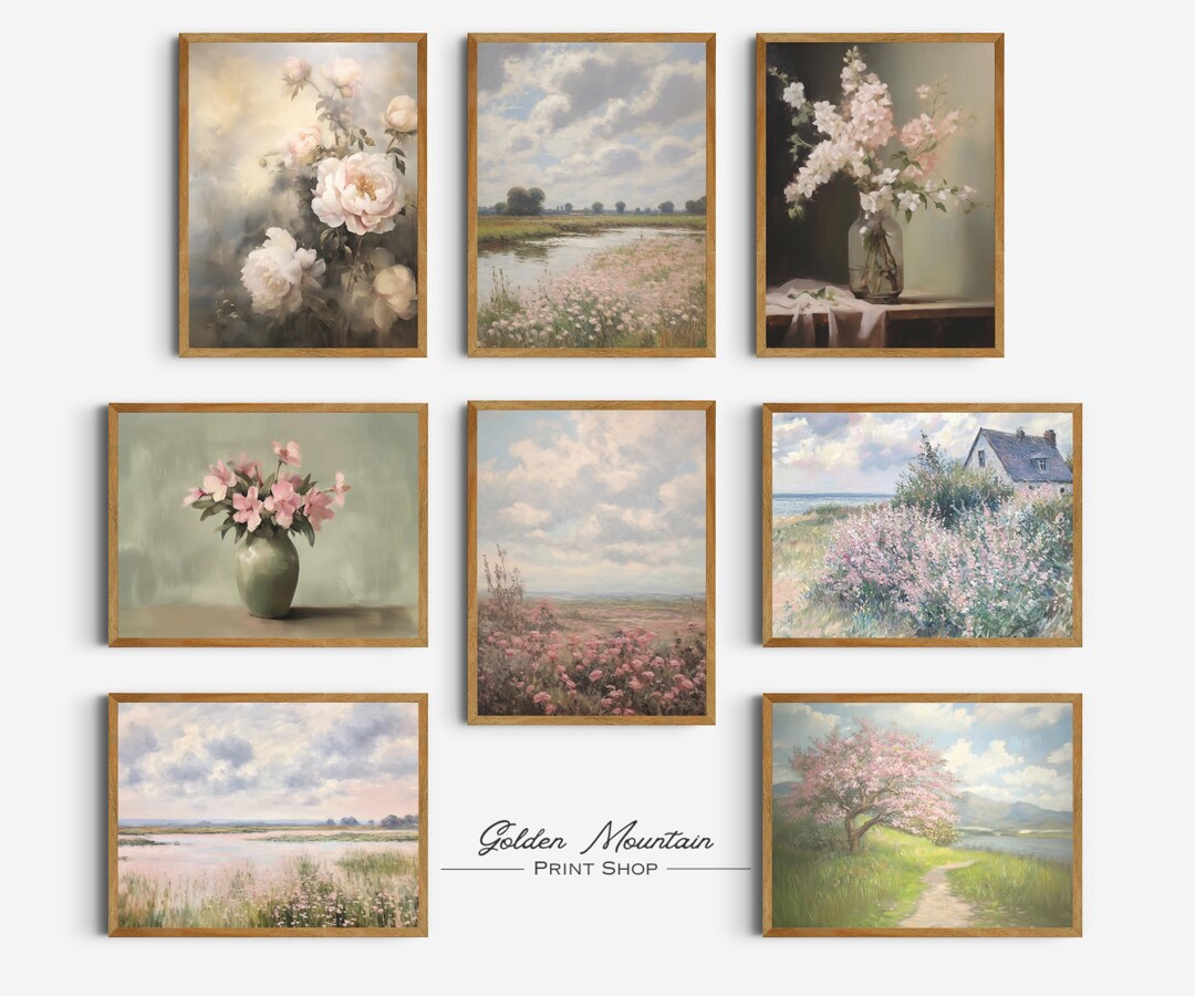 Vintage Pink Spring Print Set of 8, Spring Floral Prints Countryside ...