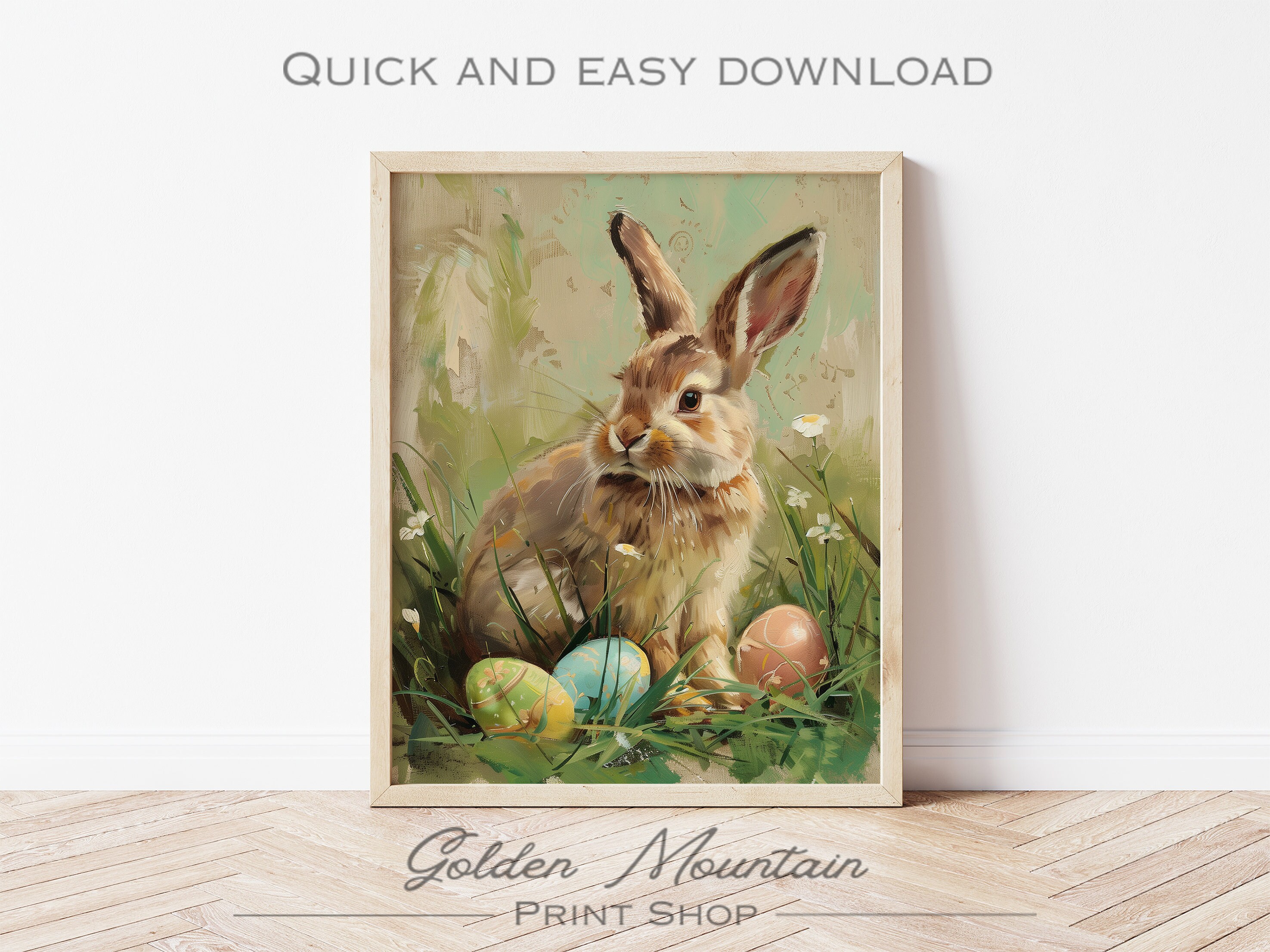 Easter Bunny Printable Wall Art, Cottagecore Rabbit Easter Eggs Digital ...