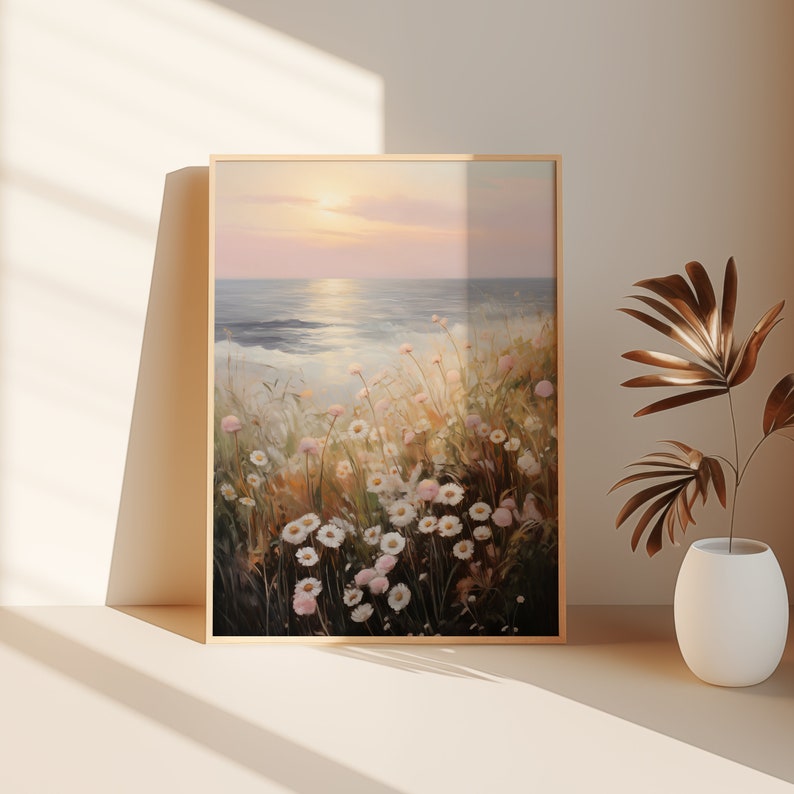 Vintage Coastal Printable Wildflower Sunset Art, Pink Summer Sunset ...