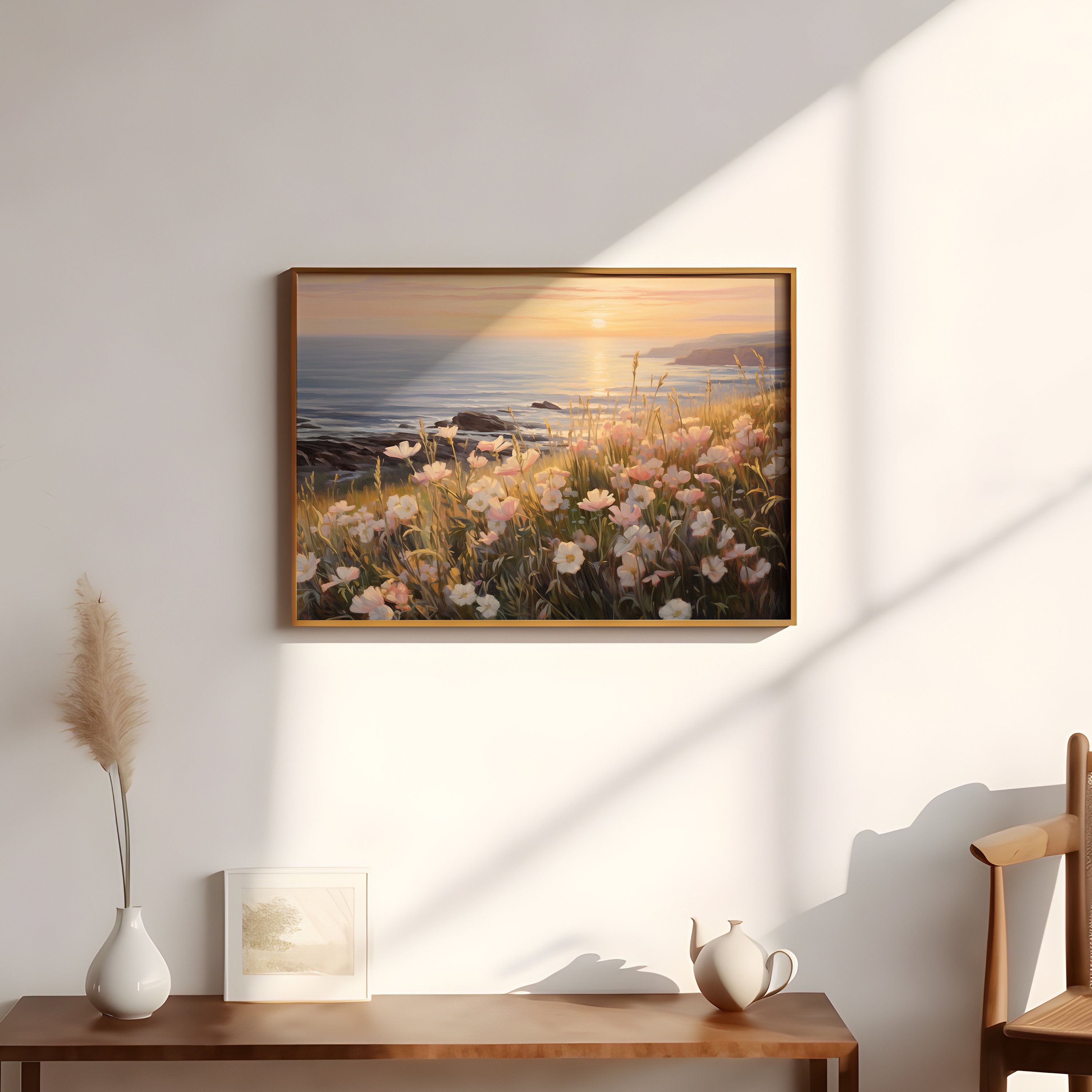 Cottagecore Sea Sunset Flower Print, Farmhouse Summer Sunrise Wall Art ...