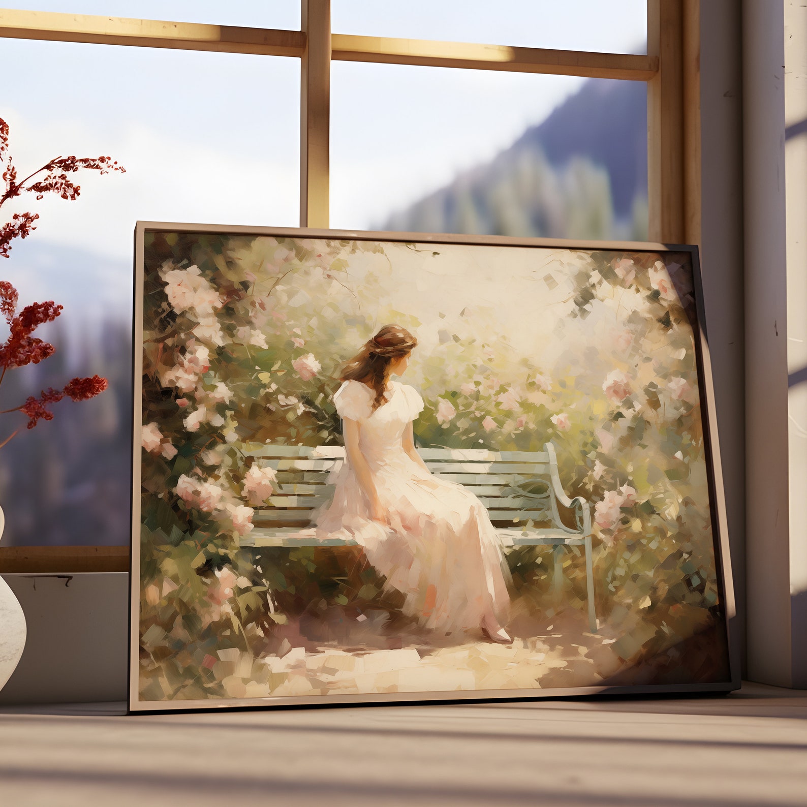 Rose Bushes Vintage Painting, Woman Thinking Printable, Spring Flower ...
