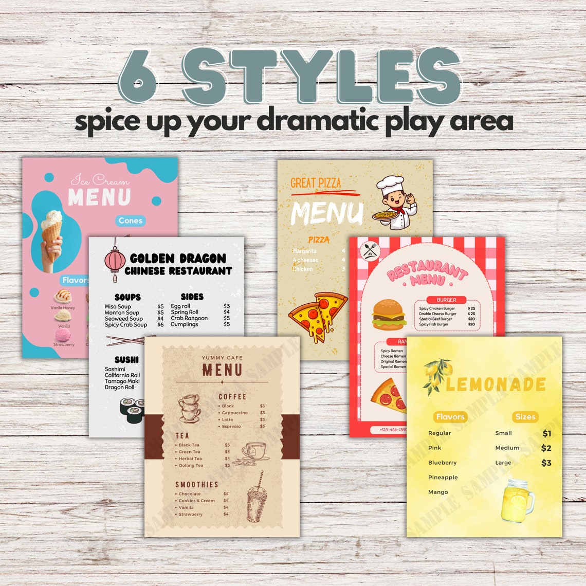 6 Menu BUNDLE for Dramatic Play Area - PDF Printable File - Etsy