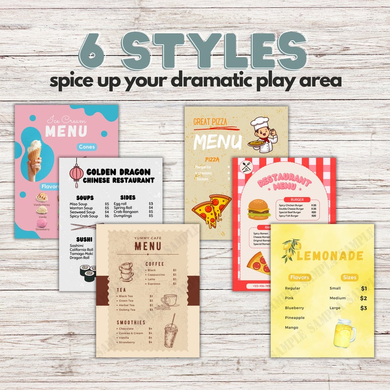 6 Menu BUNDLE for Dramatic Play Area - PDF Printable File - Etsy
