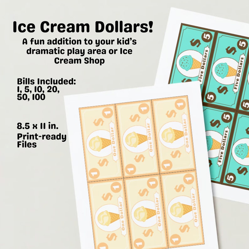 Ice Cream Shop Pretend Money for Pretend Play, Dramatic Play, or Ice ...