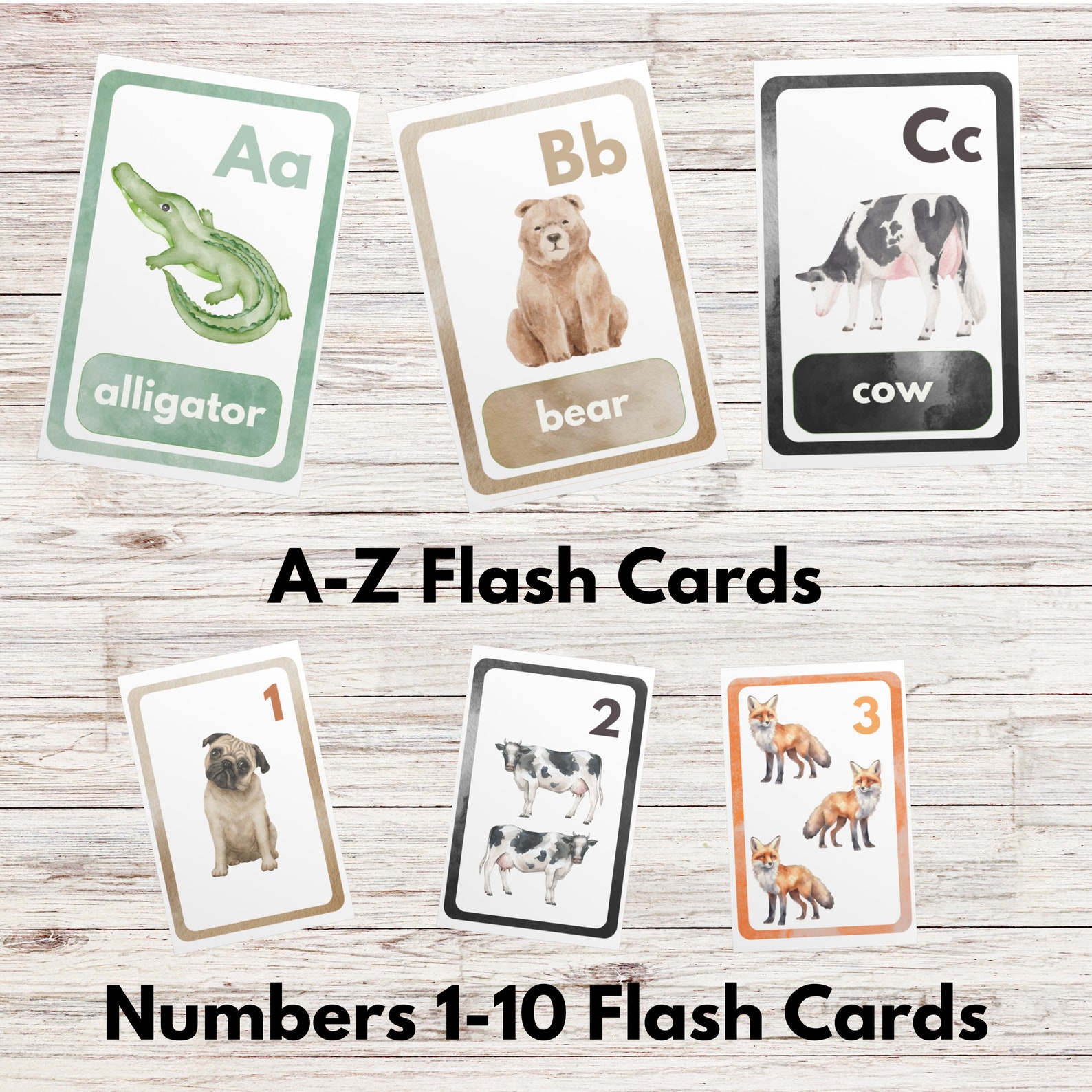 Watercolor Animal Alphabet & Numbers Flash Cards for Preschool and ...