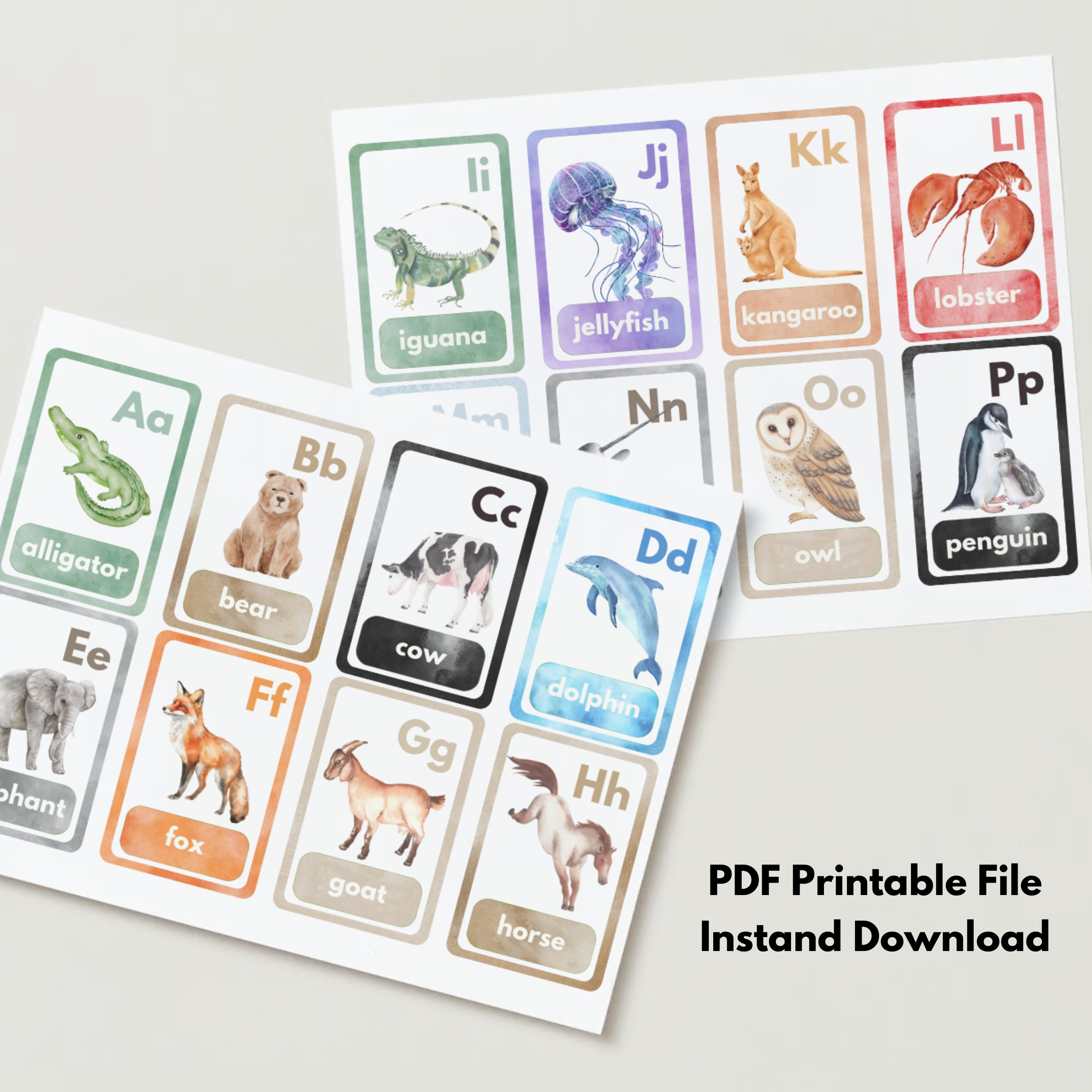 Watercolor Animal Alphabet & Numbers Flash Cards for Preschool and ...