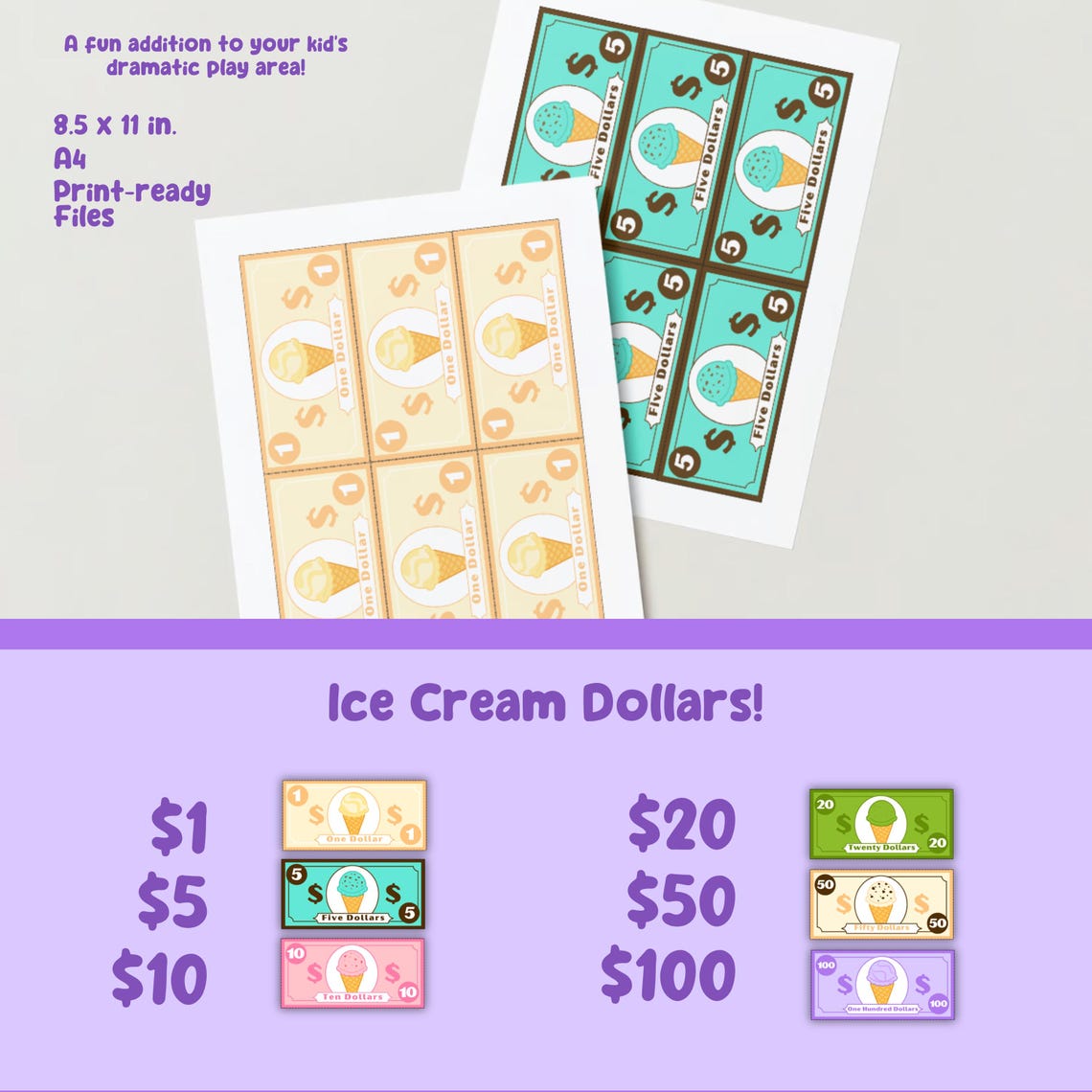Ice Cream Shop Pretend Money for Pretend Play, Dramatic Play, or Ice ...