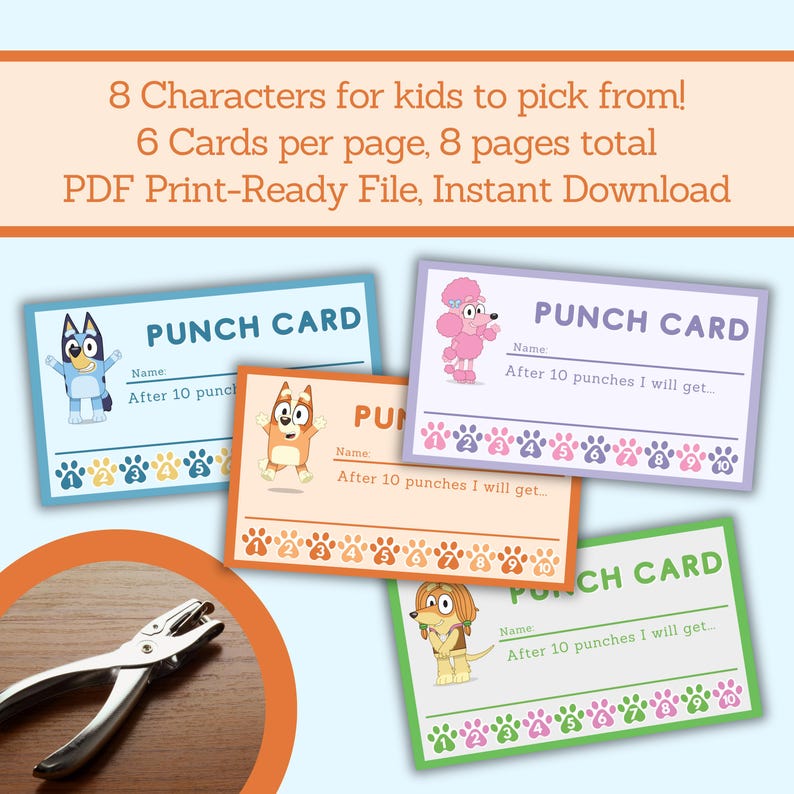 Bluey Punch Cards - Reward System for Kids; PDF Printable File Instant ...