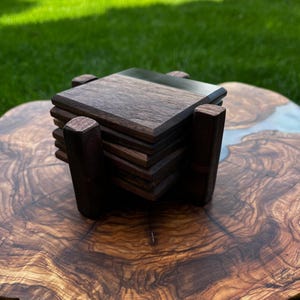 Handmade Walnut Wood Coaster Set: Black Epoxy Resin Coasters - Etsy