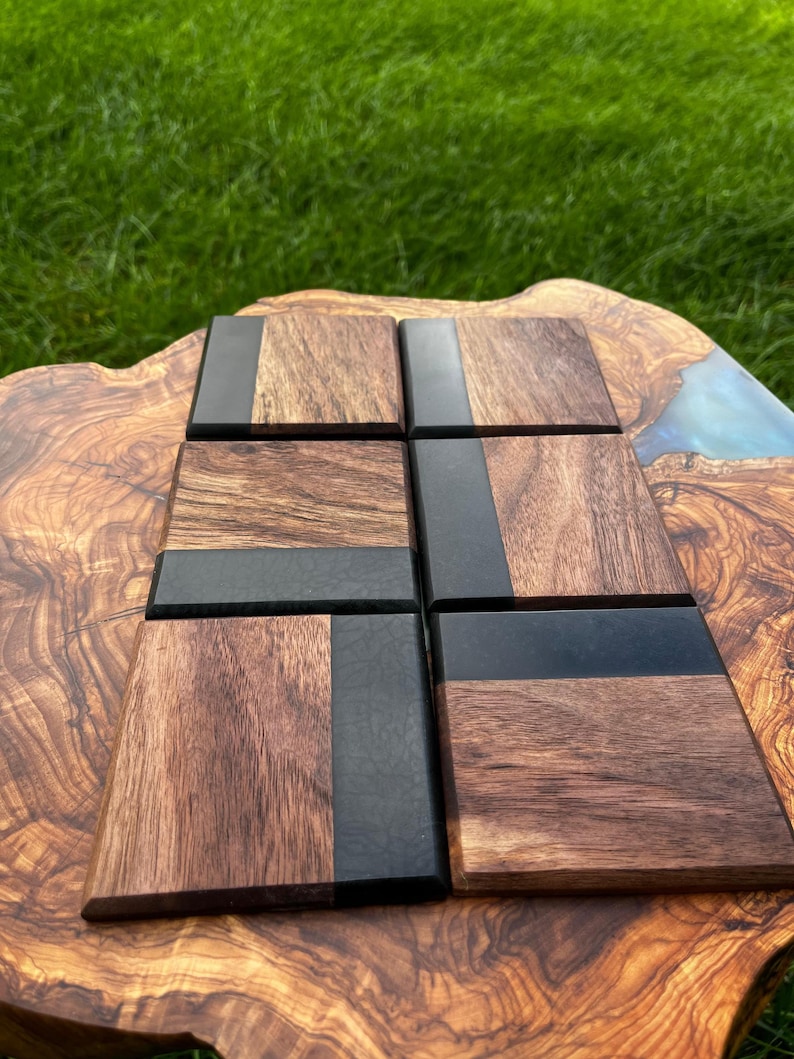Handmade Walnut Wood Coaster Set: Black Epoxy Resin Coasters - Etsy
