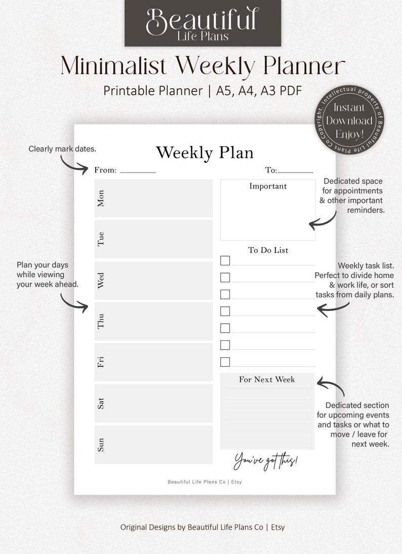 Undated Weekly Planner Printable Digital Planner PDF Weekly Weekly Home ...