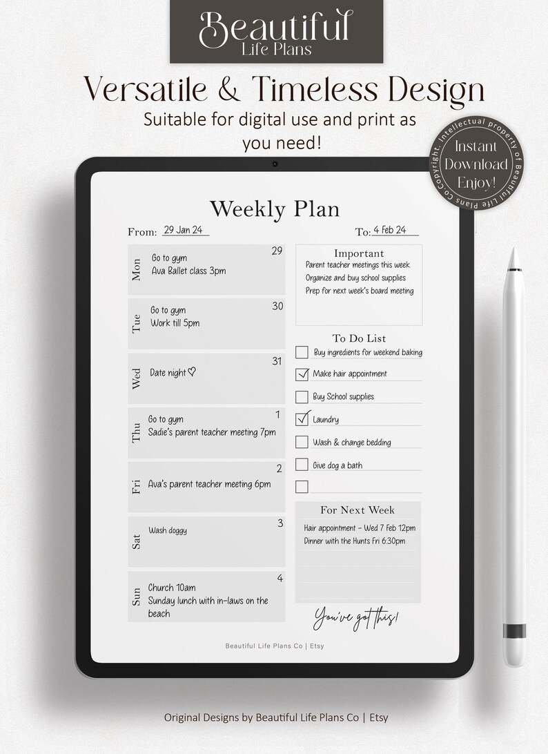 Undated Weekly Planner Printable Digital Planner PDF Weekly Weekly Home ...
