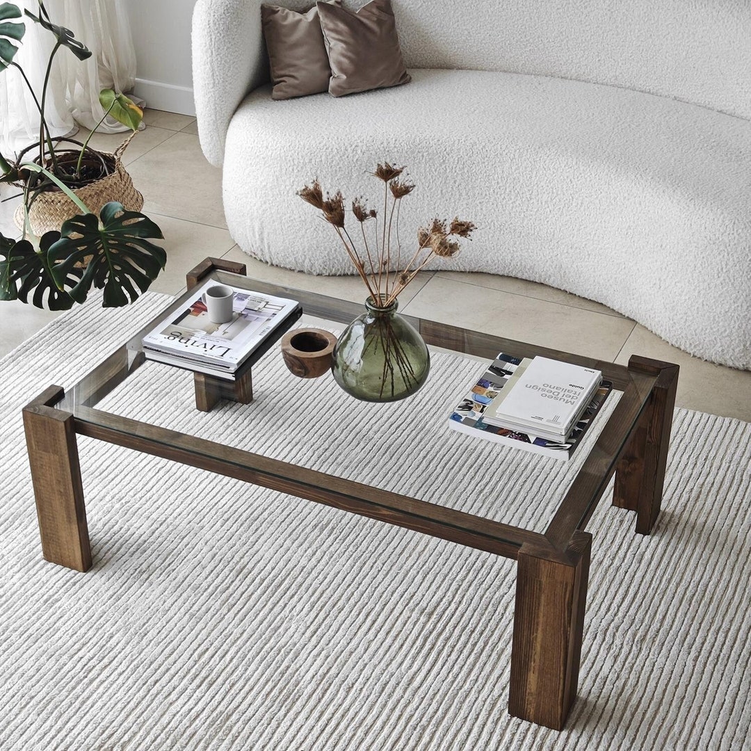Solid Wood Low Coffee Table Rectangle Glass Top for Living Room Rustic ...