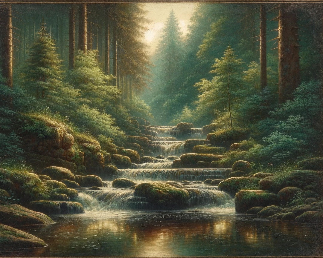 Printable Forest Stream Landscape Painting, Vintage Landscape Art Print ...