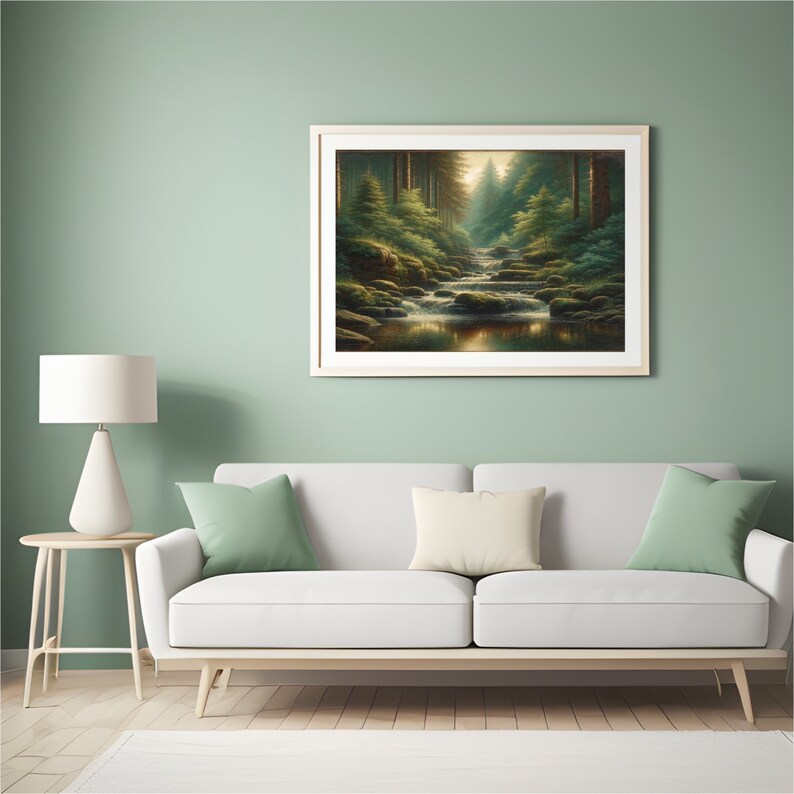 Printable Forest Stream Landscape Painting, Vintage Landscape Art Print ...