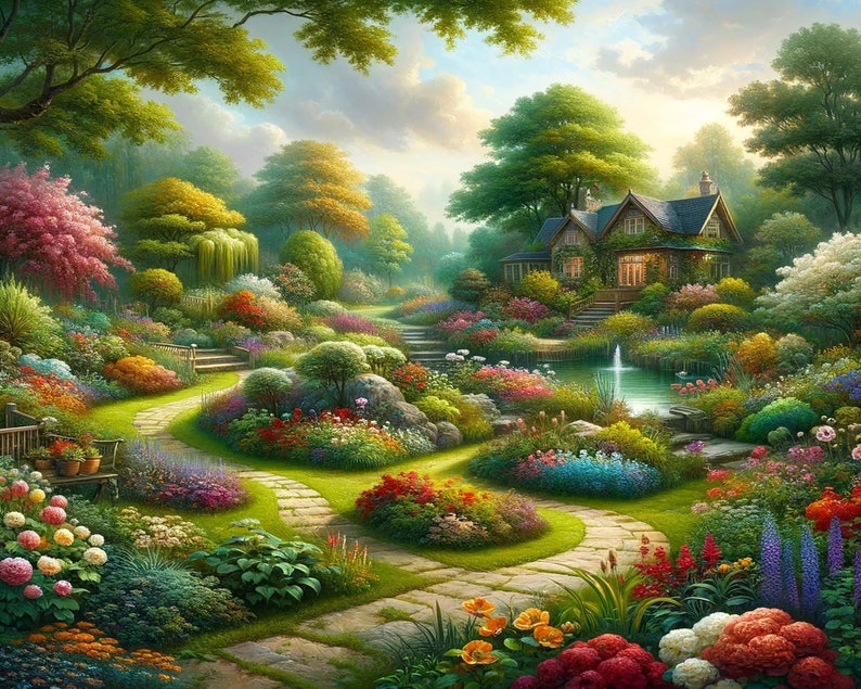 Printable Garden Landscape Painting, Vintage Art Print, Garden Wall Art ...